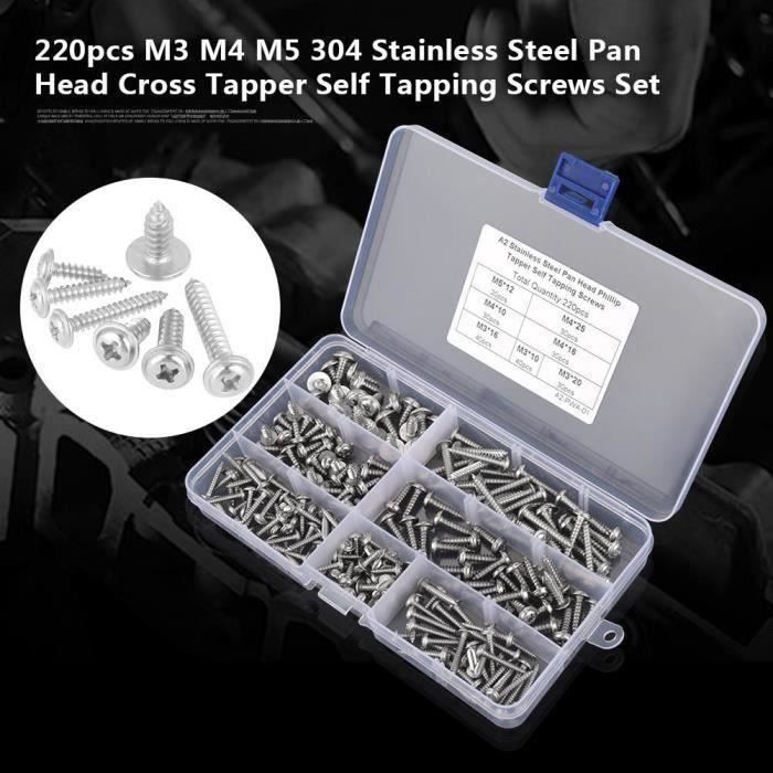 Vis autotaraudeuses 220pcs M3 M4 M5 304 en acier inoxydable à tête cylindrique cruciforme Vis ...