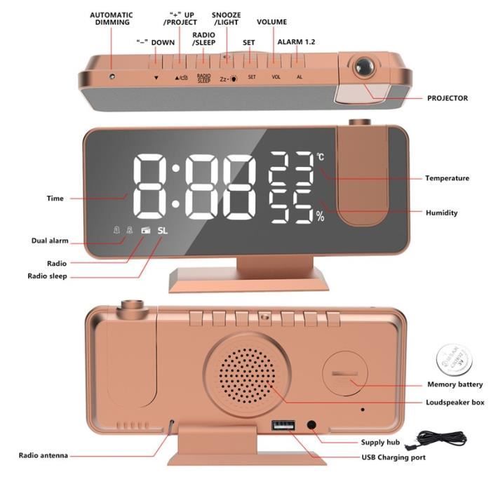 RADIO REVEIL,Rose Gold--Horloge de réveil numérique Radio FM, horloge ...