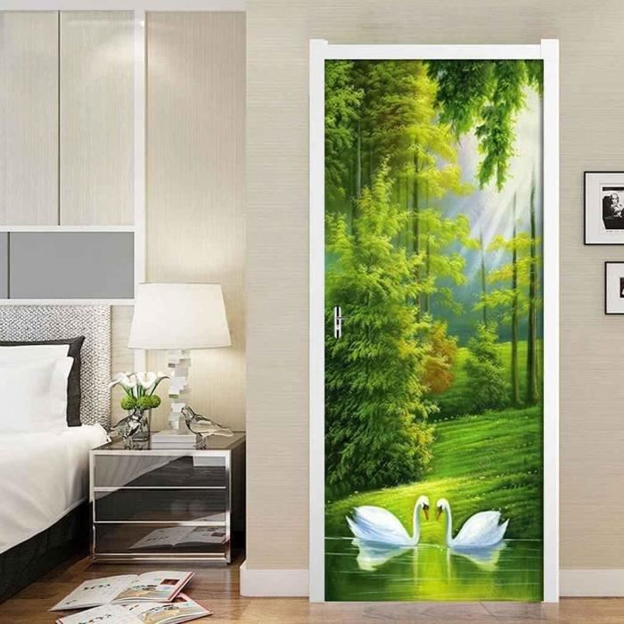 Autocollant Porte 3D Paysage De Rivière De Forêt Verte Stickers De ...