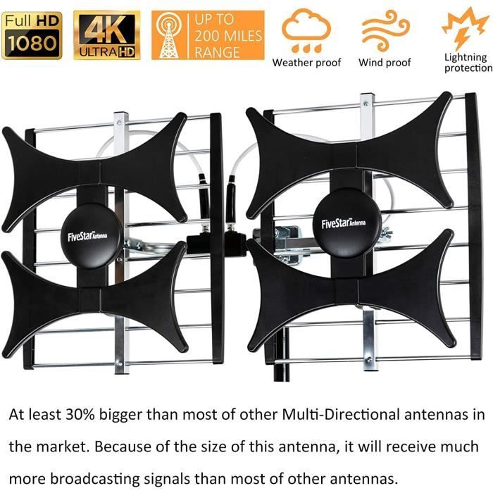 Antenne amplifiée multidirectionnelle 4 V HDTV 4 V Portée jusqu'à 200 ...