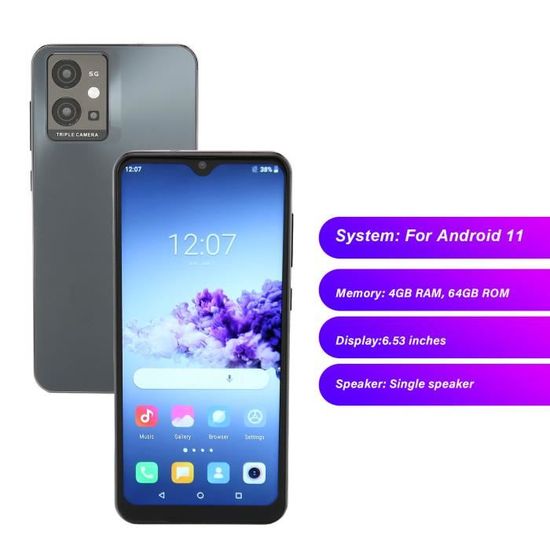 LAM-Smartphones débloqués T1Pro Smartphone débloqué de 6,53 pouces pour Android 11 4 Go de RAM ...