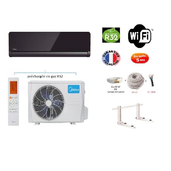 Climatiseur réversible Mono-split MIDEA PURE GLASS 3500w - Noir - Technologie Inverter - Fixe ...
