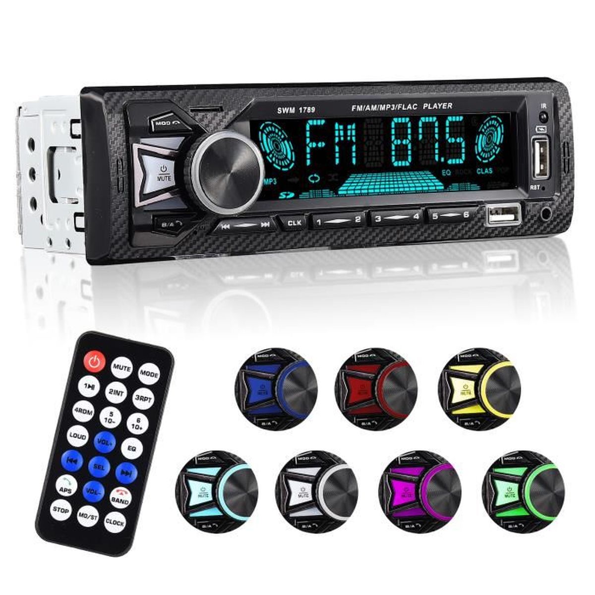 Autoradio Bluetooth 5.0, autoradio avec kit mains libres Bluetooth, autoradio FM 7 couleurs avec ...