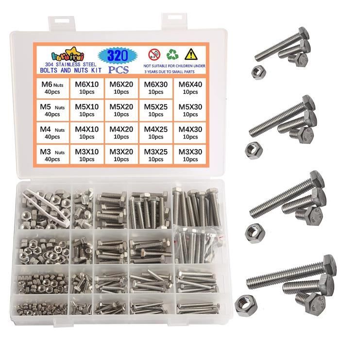 Huruirui Jeu d'écrous et de boulons, boulons m3 M4 M5 M6, vis à tête hexagonale en acier ...