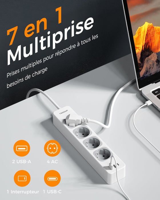 4 Prises Multiprise Avec Usb C, Rallonge Multiprise 2M, 7 En 1 ...