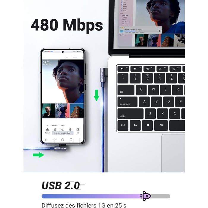 TRAHOO-Câble USB C Coudé 90 Degrés Charge Rapide 3A Nylon Tressé ...