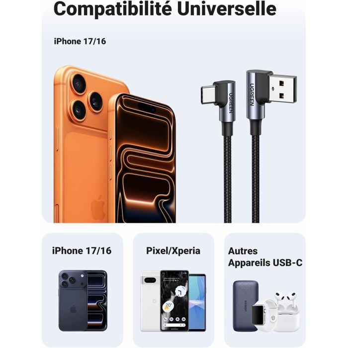 TRAHOO-Câble USB C Coudé 90 Degrés Charge Rapide 3A Nylon Tressé ...