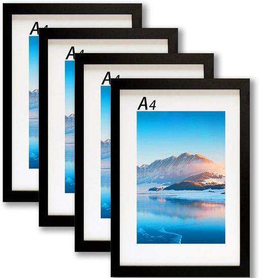 Lot de 4 cadres photo A4 - 21 x 30 cm - En bois - Noir - Avec passe-partout - Pour décoration de ...