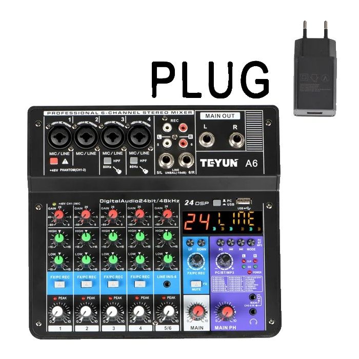 Console de mixage sonore, connectivité Bluetooth, entrée d'alimentation fantôme 48V, A6-EU ...