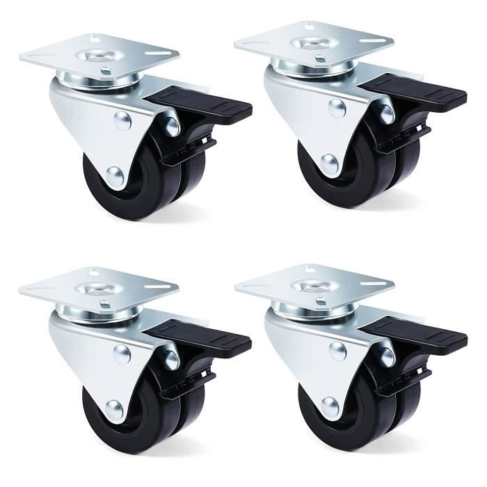 Lot de 4 roulettes lourdes avec frein, 50 mm, 30 kg par roue, roulettes ...