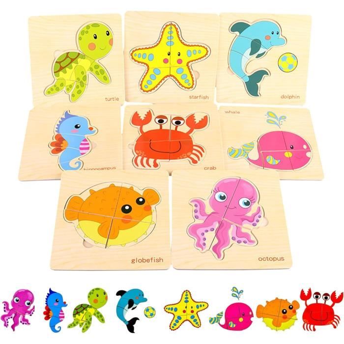 Lot De 8 Puzzles En Bois Avec Animaux Marins, Puzzle Montessori À ...
