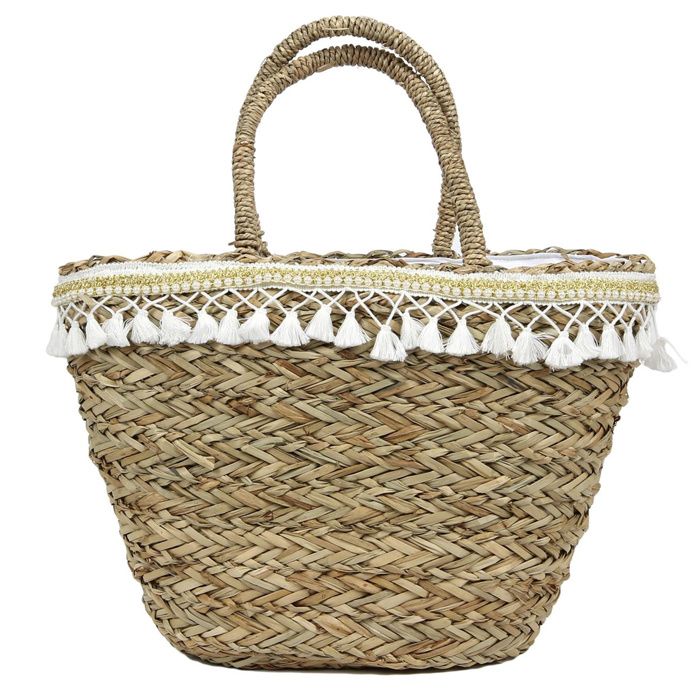 Sac de plage POP PLAYA jonc de mer tressée et perles blanches Marron ...