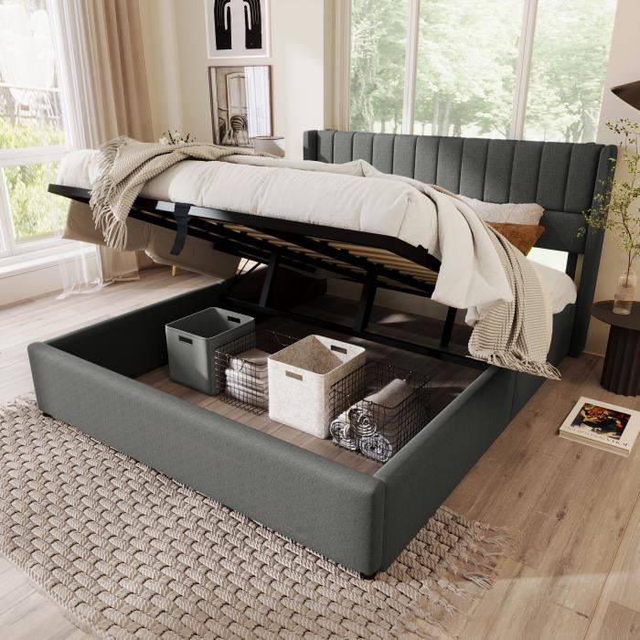 Merax Lit coffre adulte 160x200cm capitonné en lin gris, lit double 2 ...