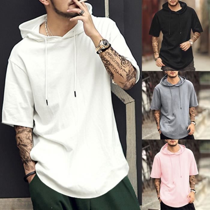 Pure Color Men Drawstring capuche manches courtes Top fashiona ...