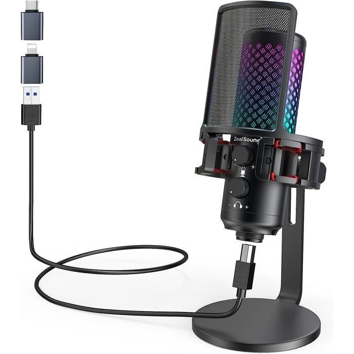 ZealSound Gaming Microphone, Micro USB à condensateur RGB pour PC ...