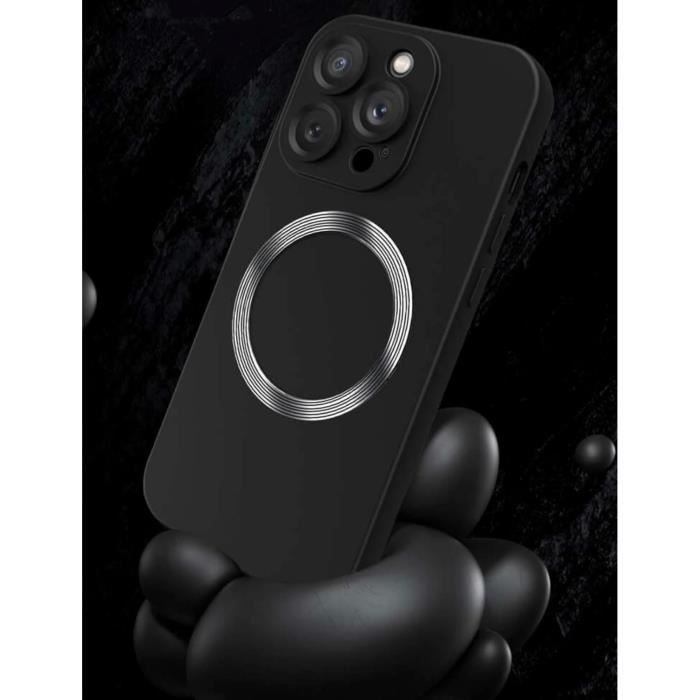 Coque pour IPhone 14 Pro Max magnétique Silicone Noir Rond Argent ...