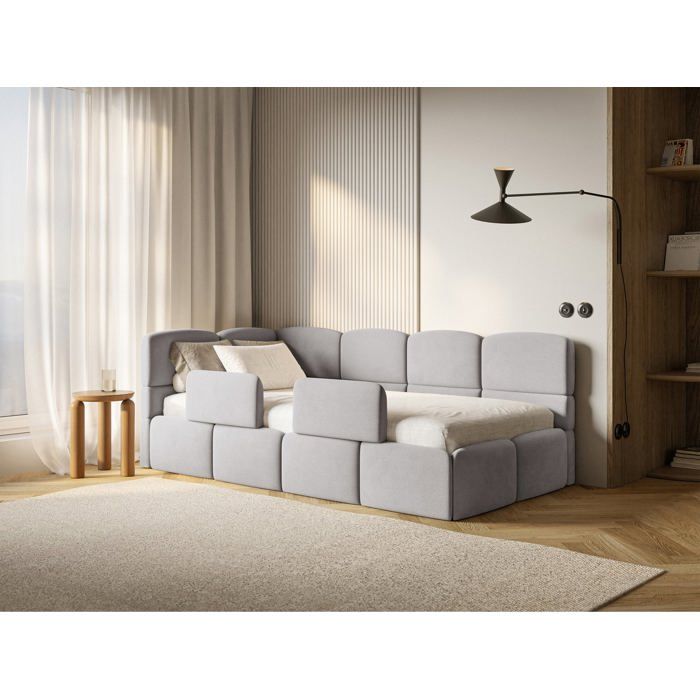 Lit enfant - SELSEY - CLOUDY - 90x200 cm - velours gris clair - tête d ...