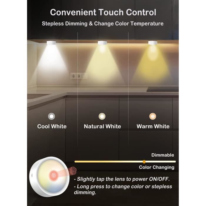 Spot LED Sans Fil à Piles, Dimmable 3 Couleurs Lampe Placard avec ...