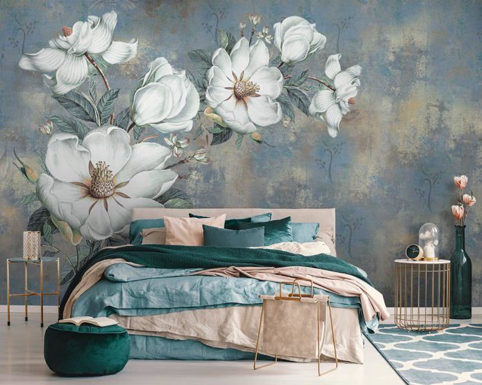 Papier Peint Panoramique Fleurs 360x250cm style 3D Fleurs Blanches sur ...