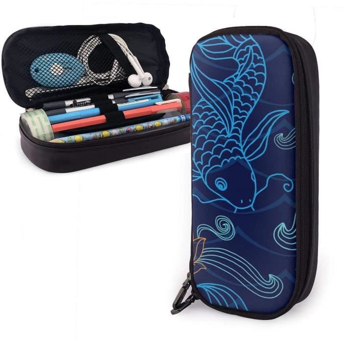 Trousse Grande Capacité Oriental Koi Fish - Cuir - Noir - Pour Stylos ...