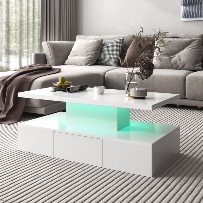 Table Basse Avec Lampe LED, Table Avec Tiroirs, Laque Haute Luminosité ...