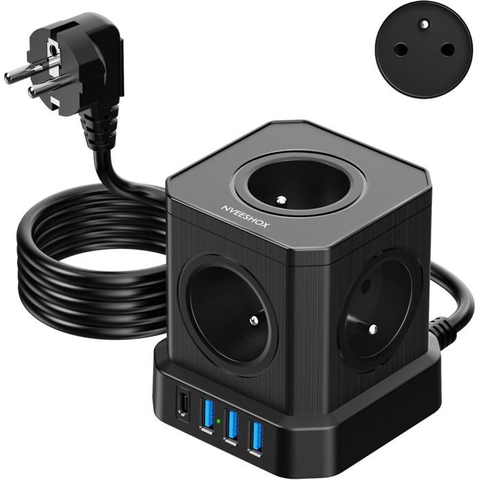 Cube Multiprise (16A/4000W) 5 Prises françaises avec 3 Ports USB et 1 ...