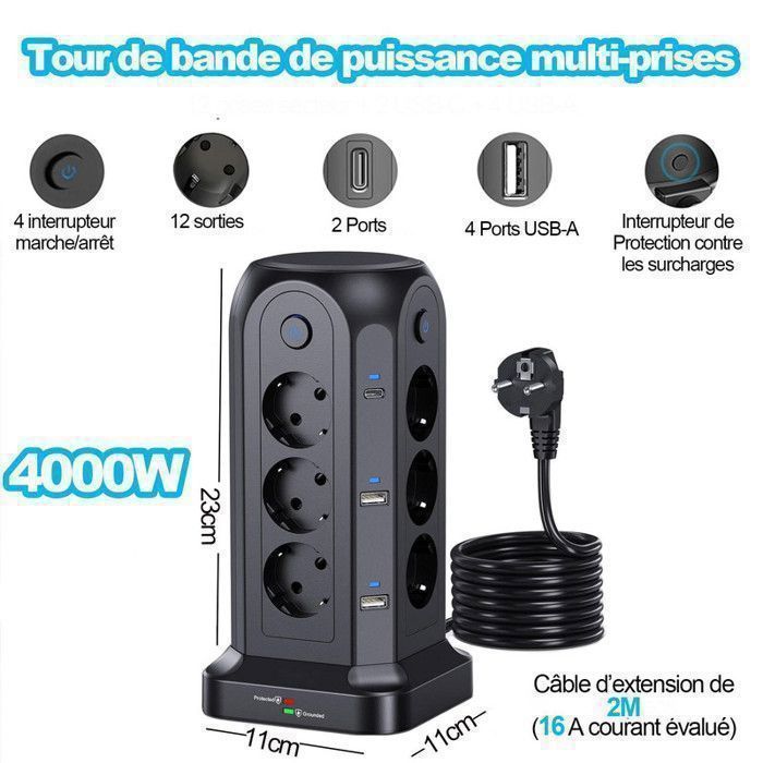 Multiprise Électrique - BYONDSELF - 4000W - 12 Prises - 4 USB - 2 Type ...