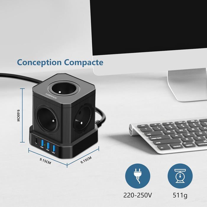 Cube Multiprise (16A/4000W) 5 Prises françaises avec 3 Ports USB et 1 ...