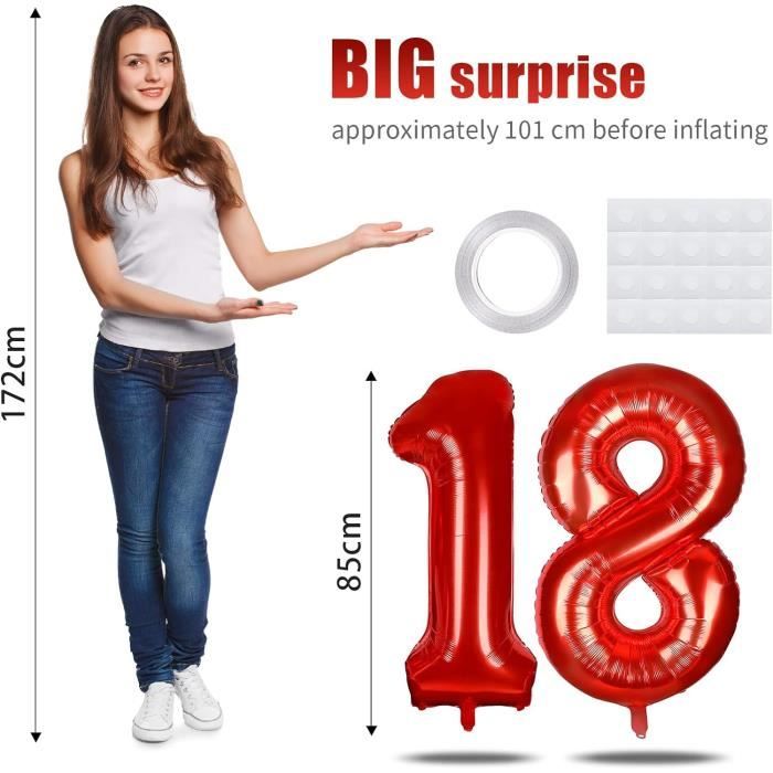 Ballon Anniversaire 18 Ans Rouge - 101 Cm Ballon Chiffre Numéro 18 ...