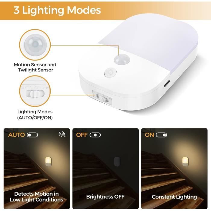 Veilleuse Type-C Rechargeable, 2 Pack Veilleuse Avec Détecteur De ...