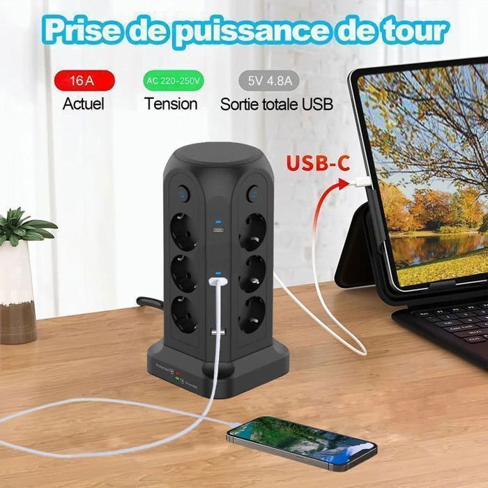Multiprise Électrique - BYONDSELF - 4000W - 12 Prises - 4 USB - 2 Type ...