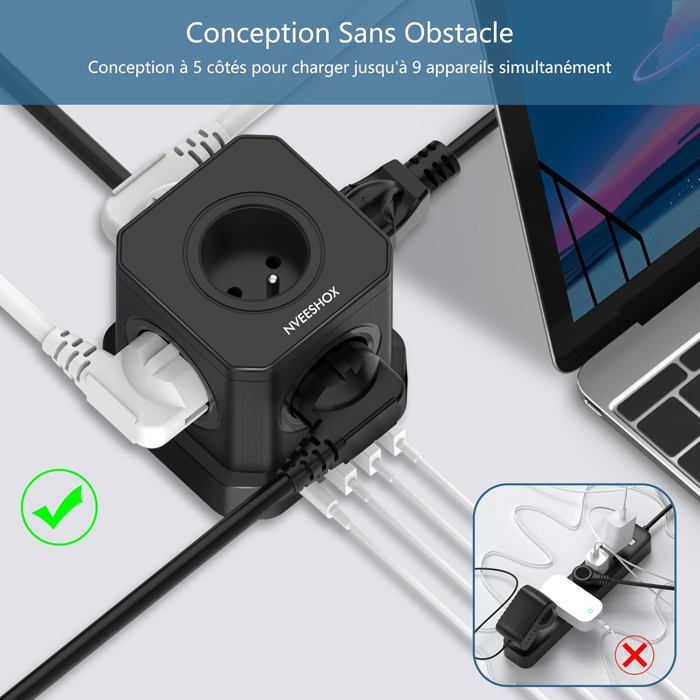 Cube Multiprise (16A/4000W) 5 Prises françaises avec 3 Ports USB et 1 ...
