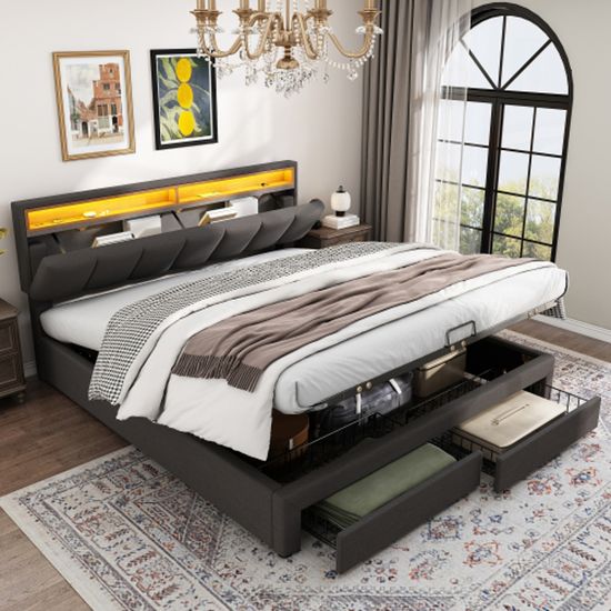 Lit coffre Lit adulte Lit double 160 x 200 cm - REDOM - avec LED et 2 ...