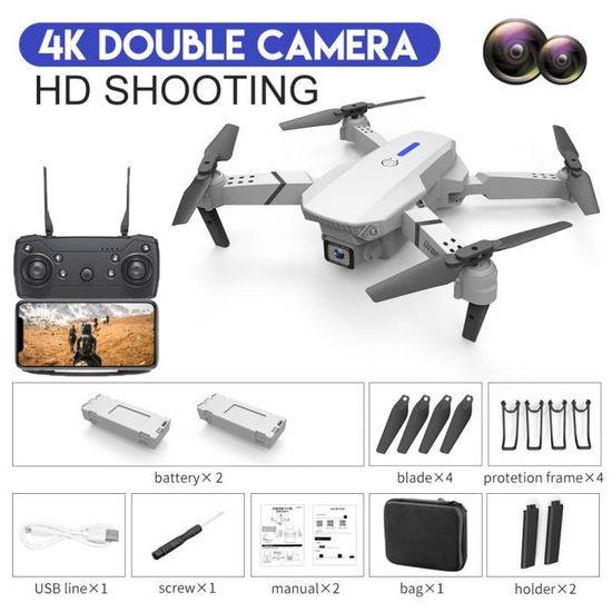 Blanc Double 4K 2B - Drone RC E88Pro avec caméra HD grand angle 4K professionnelle ...