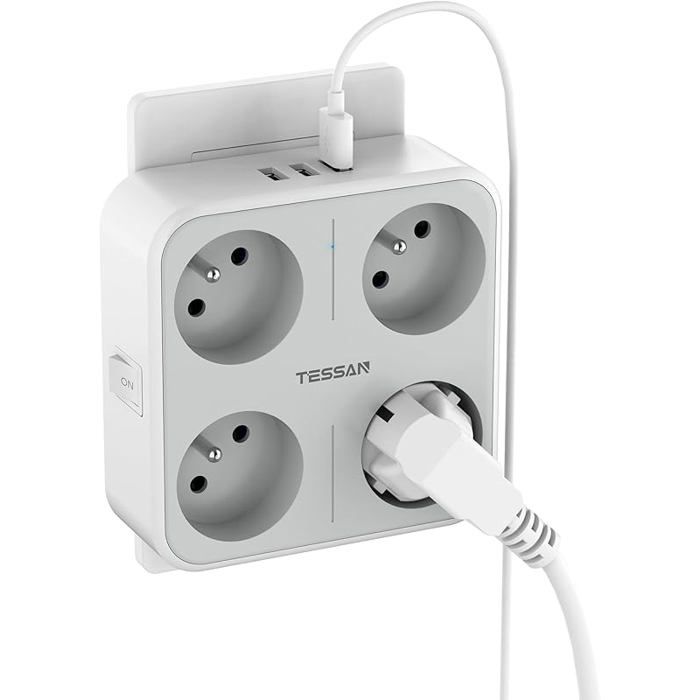 Multiprise murale française 4 sorties AC + 3 ports USB, 7-en-1 avec ...