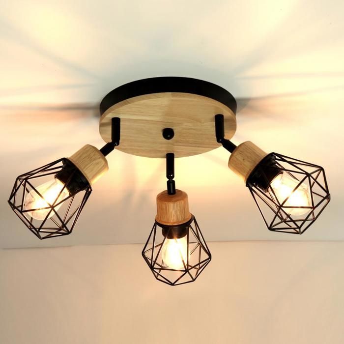 IDEGU 3 Spots de Plafond Industriel,Plafonnier Spot Vintage en Bois et ...