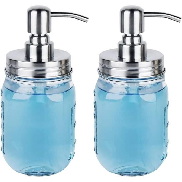 Lot De 2 480Ml Distributeur De Savon Verre,16Oz Mason Jar Avec Pompe En Acier Inoxydable ...