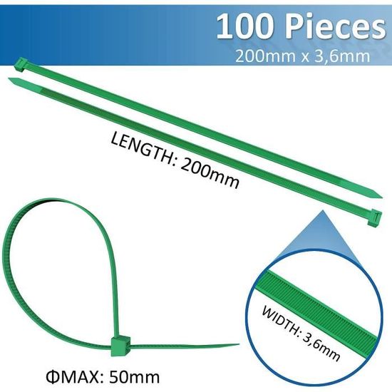 Rislant Collier de Serrage Plastique 100 Pièces 200 mm x 3,6 mm Attache ...