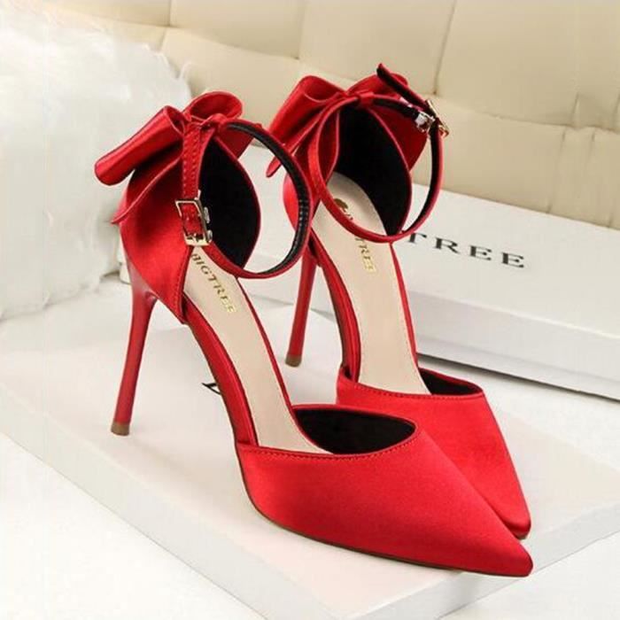 Escarpin Femme Aiguille Bride Cheville Bow Bout Pointu Fermé Talon Haut ...
