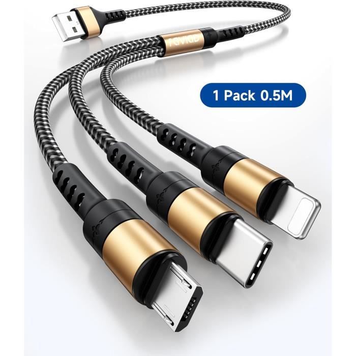 Câble Chargeur Multi Embout Court [50CM], 3 en 1 Câble Universel Cable multi chargeur de ...