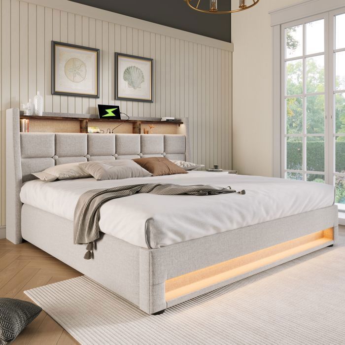 Lit Double Moderne, Lit Coffre 180x200 avec Ports USB, Éclairage LED ...