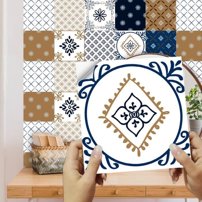 Dalle Pvc Adhesive Murale 15X15 Blanc - Bleu Géométrique Stickers ...