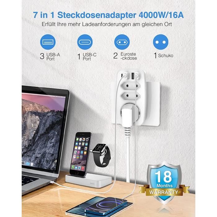 Multiprise Murale, Prise Multiple avec 3 Prises 4000W-16A, 1 USB-C(15W ...