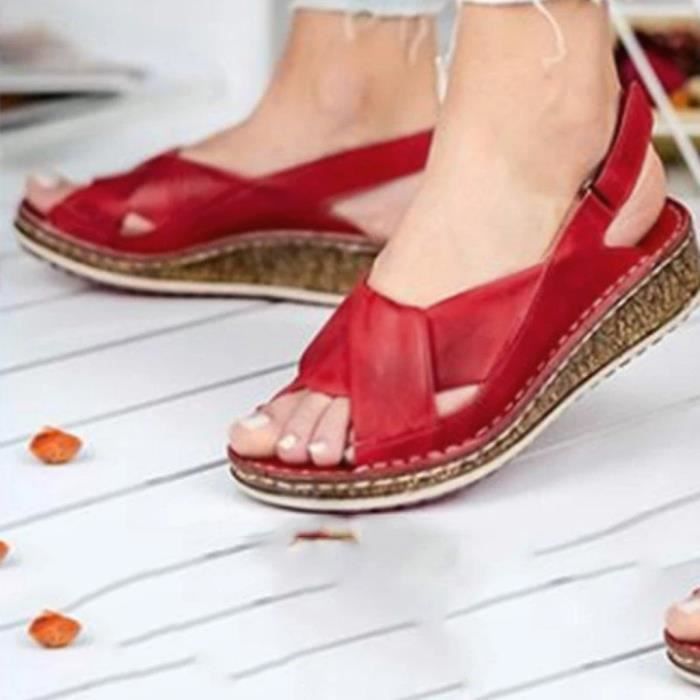 Sandales compensées d'été pour femmes avec boucles - Rouge - Hauteur de ...