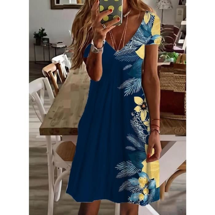 Robe Mi-Longue Bleue A Col En V Et Manches Courtes A Imprime Fleuri ...