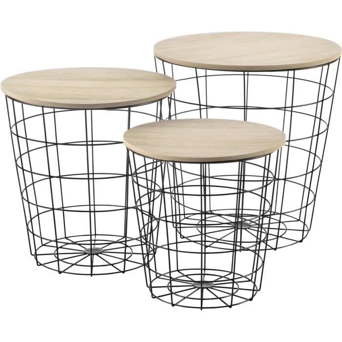 Tables Basses Gigognes en Métal et MDF Noir Chêne - Kit de 3 - SSS ...