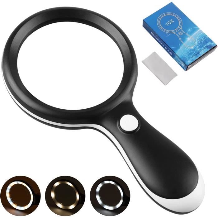 Loupe lumineuse grossissante x10 avec 18 LED Loupe de lecture légère pour personnes âgées ...