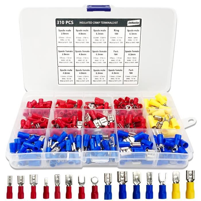 Lot de 310 cosses à sertir isolées pour fil électrique - Connecteurs à sertir male-femelle ...