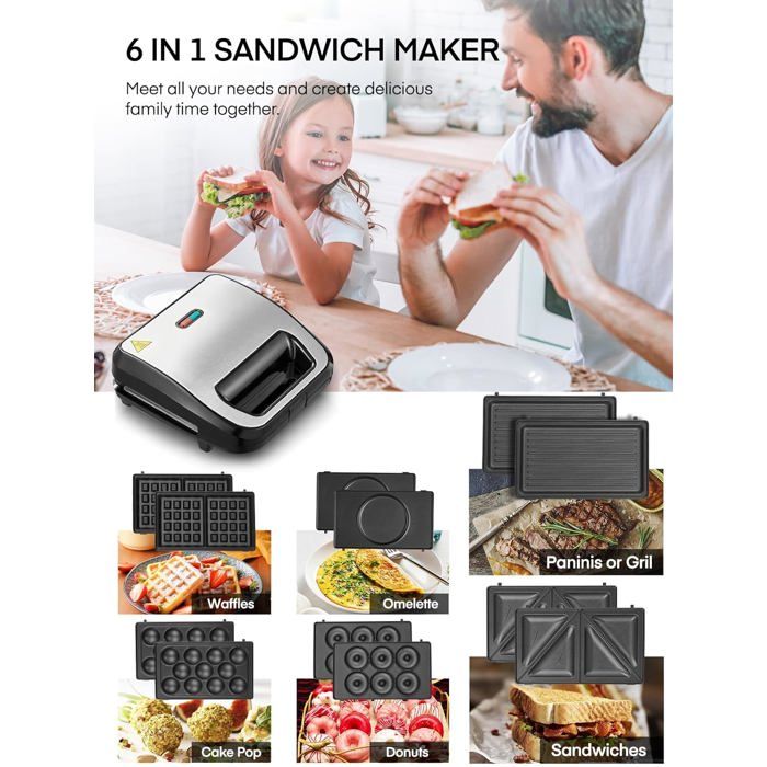 Gaufrier 6 En 1, Appareil Croque Monsieur, 750W Multifonctions Machine ...