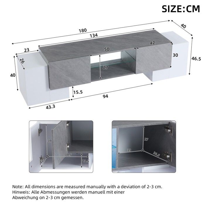 Meuble Tv Blanc&gris 180x40x46.5cm - Led Bluetooth, Meuble Bas Salon ...